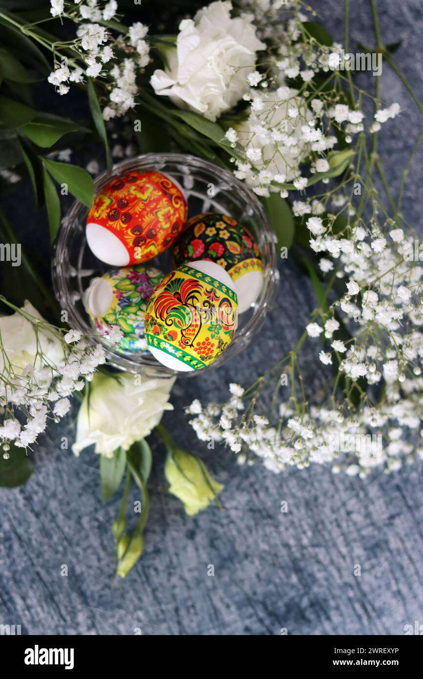 Decorated Easter eggs close up photo. Christian religion symbol ...