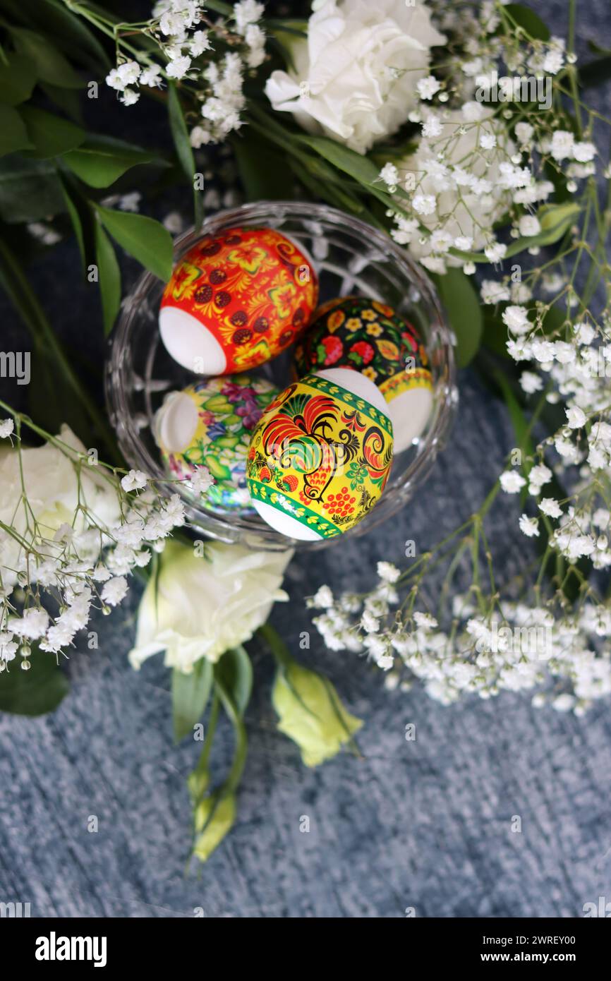 Decorated Easter eggs close up photo. Christian religion symbol ...