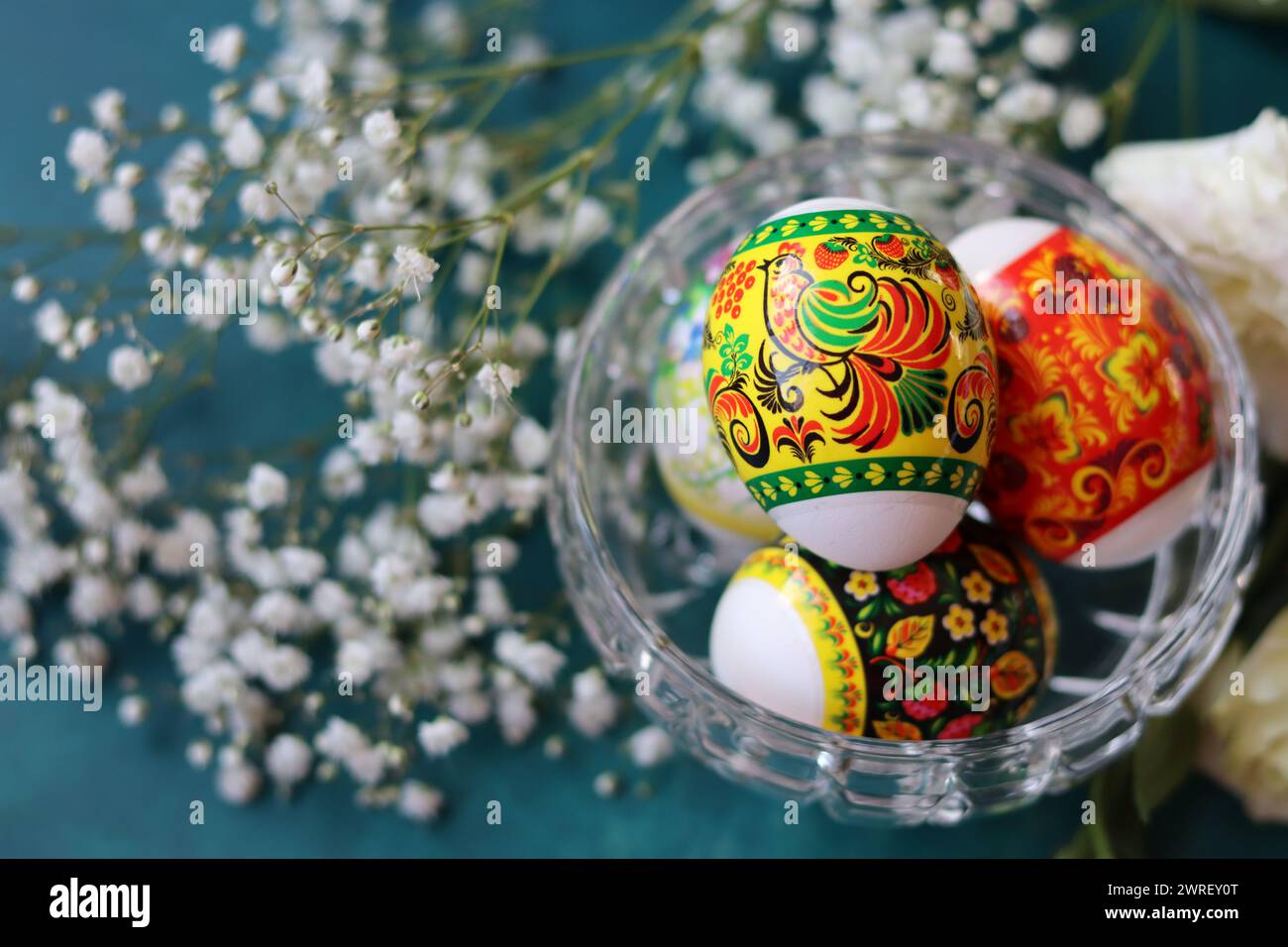 Decorated Easter eggs close up photo. Christian religion symbol ...