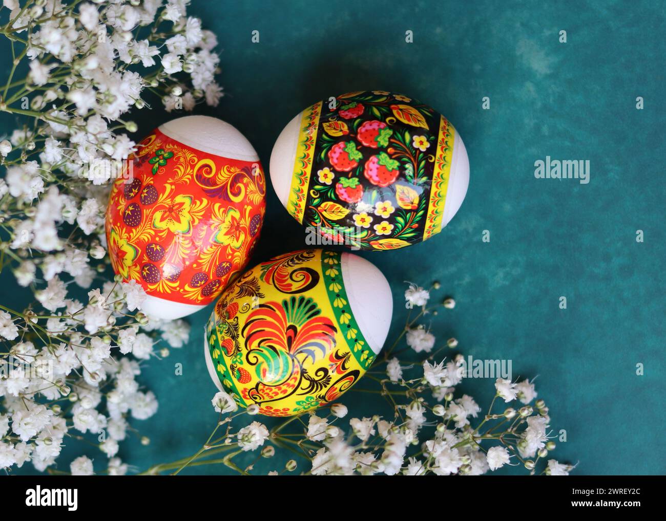 Decorated Easter eggs close up photo. Christian religion symbol ...