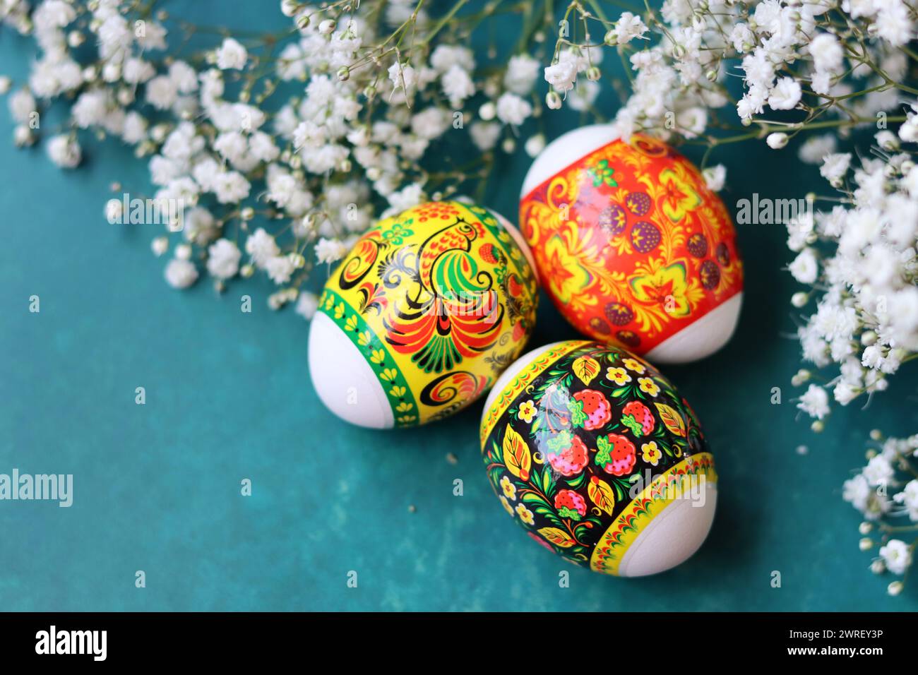 Decorated Easter eggs close up photo. Christian religion symbol ...
