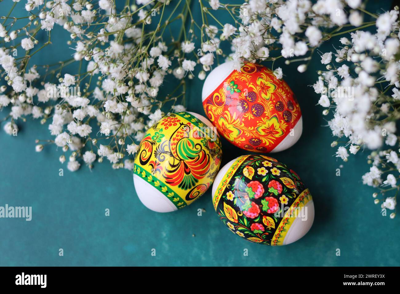Decorated Easter eggs close up photo. Christian religion symbol ...