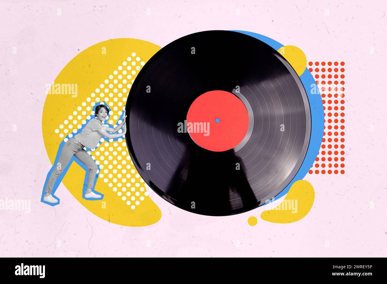 Creative collage photo young girl pushing disco record vinyl plate ...