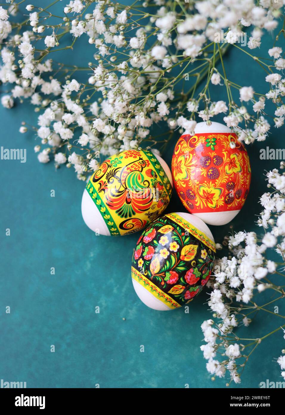 Decorated Easter eggs close up photo. Christian religion symbol ...