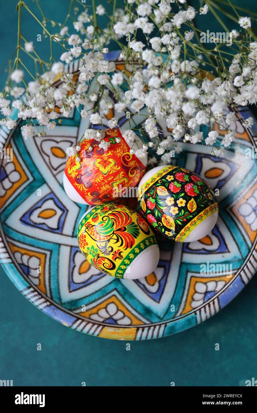 Decorated Easter eggs close up photo. Christian religion symbol ...