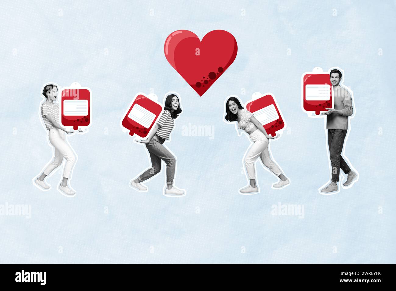 Collage illustration of blood donation young people collect help from ...