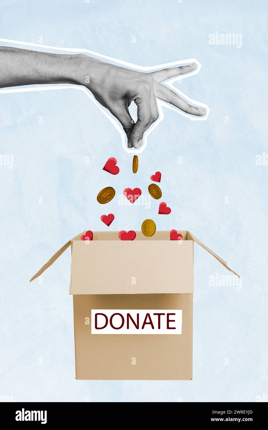 Vertical photo collage of hand sprinkle coins hearts charity cardboard ...