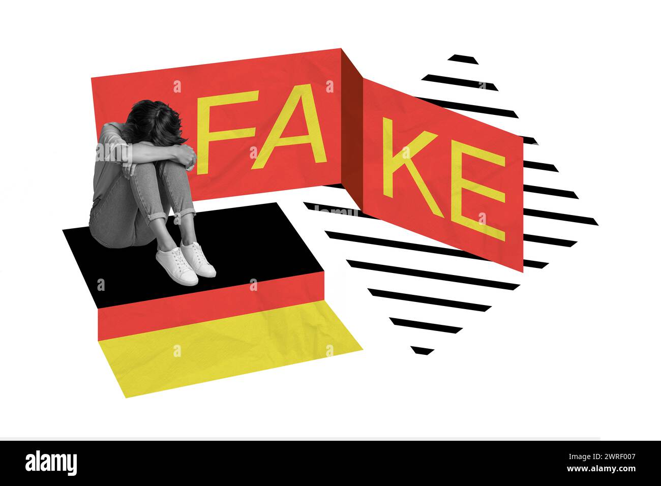 Collage sitting young depressed sad girl fake news gossips mass media ...