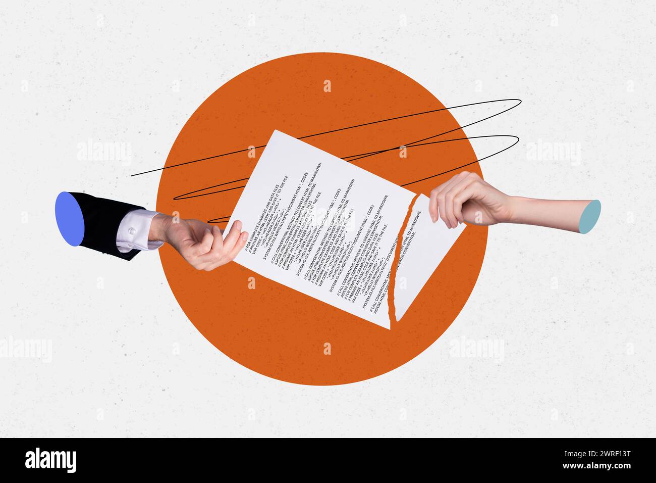 Composite photo collage of two hands tear documents cancel deal refuse ...