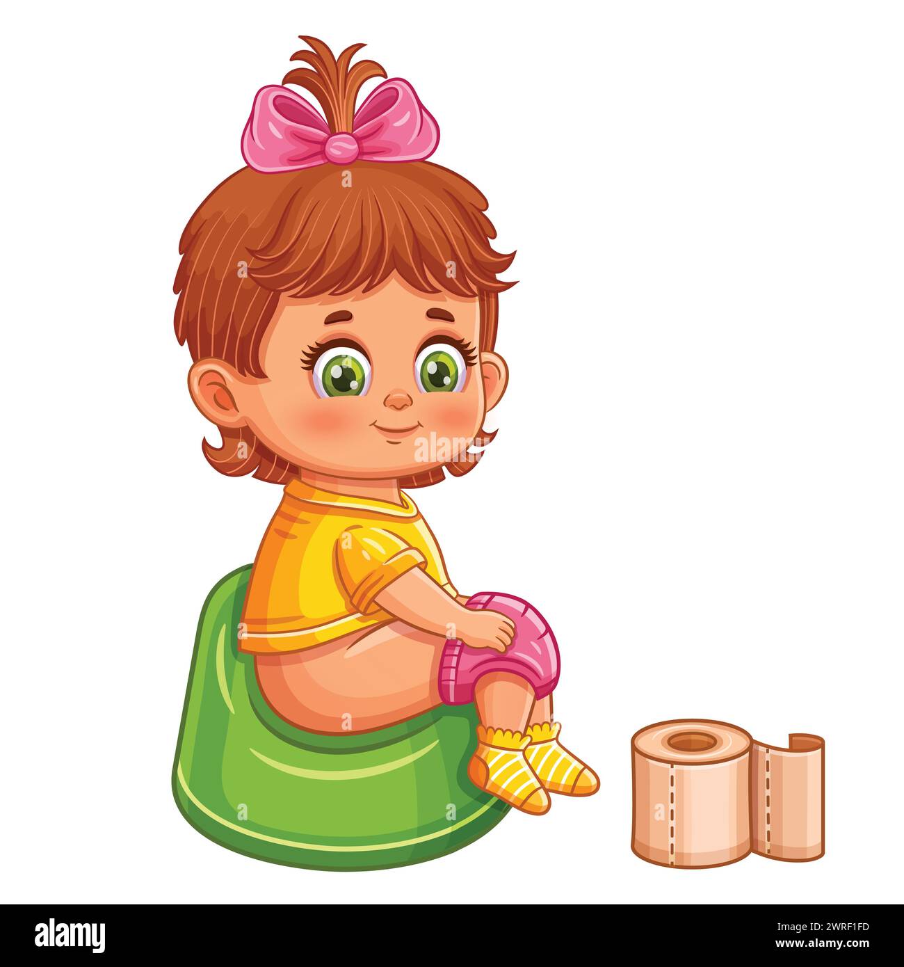 Cute baby child girl sit on potty seat, toilet paper. Toddler chamber ...