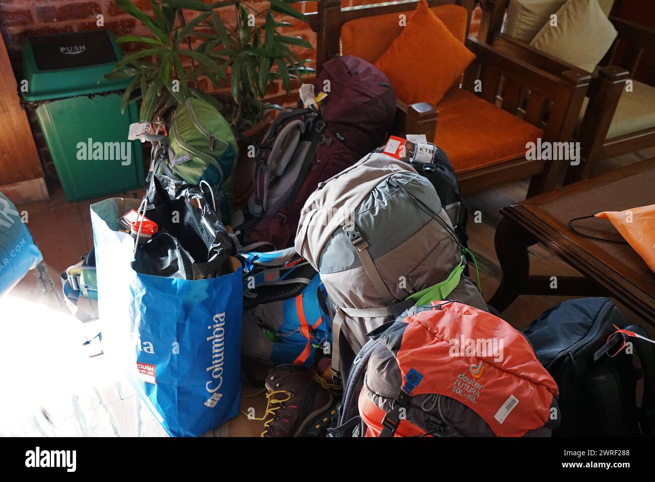 Stack of colorful backpacks and stuff on the ground- Pokhara, Nepal ...