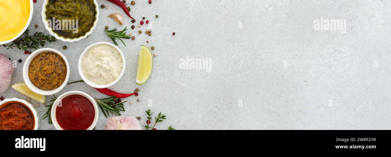 Different types of sauces in bowls with seasonings banner, rosemary and ...