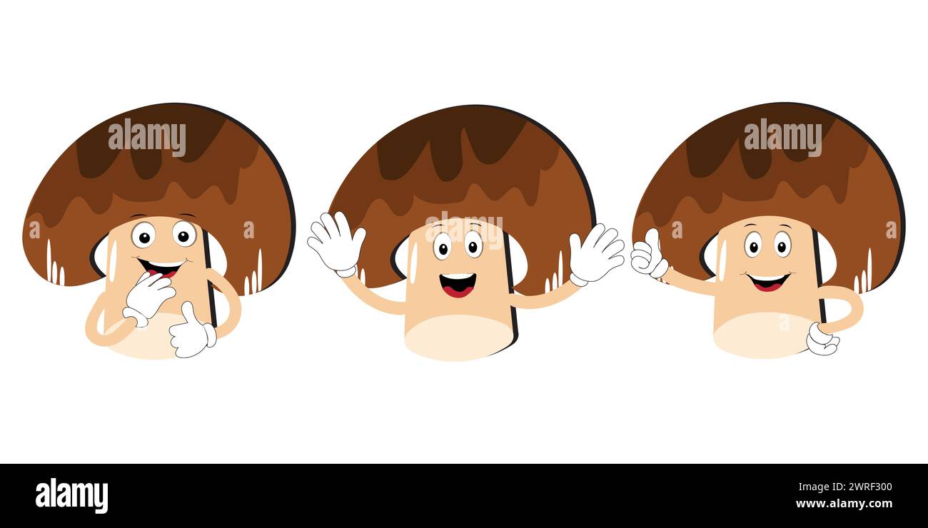 Mushroom cartoon character in various gestures, Set illustration ...