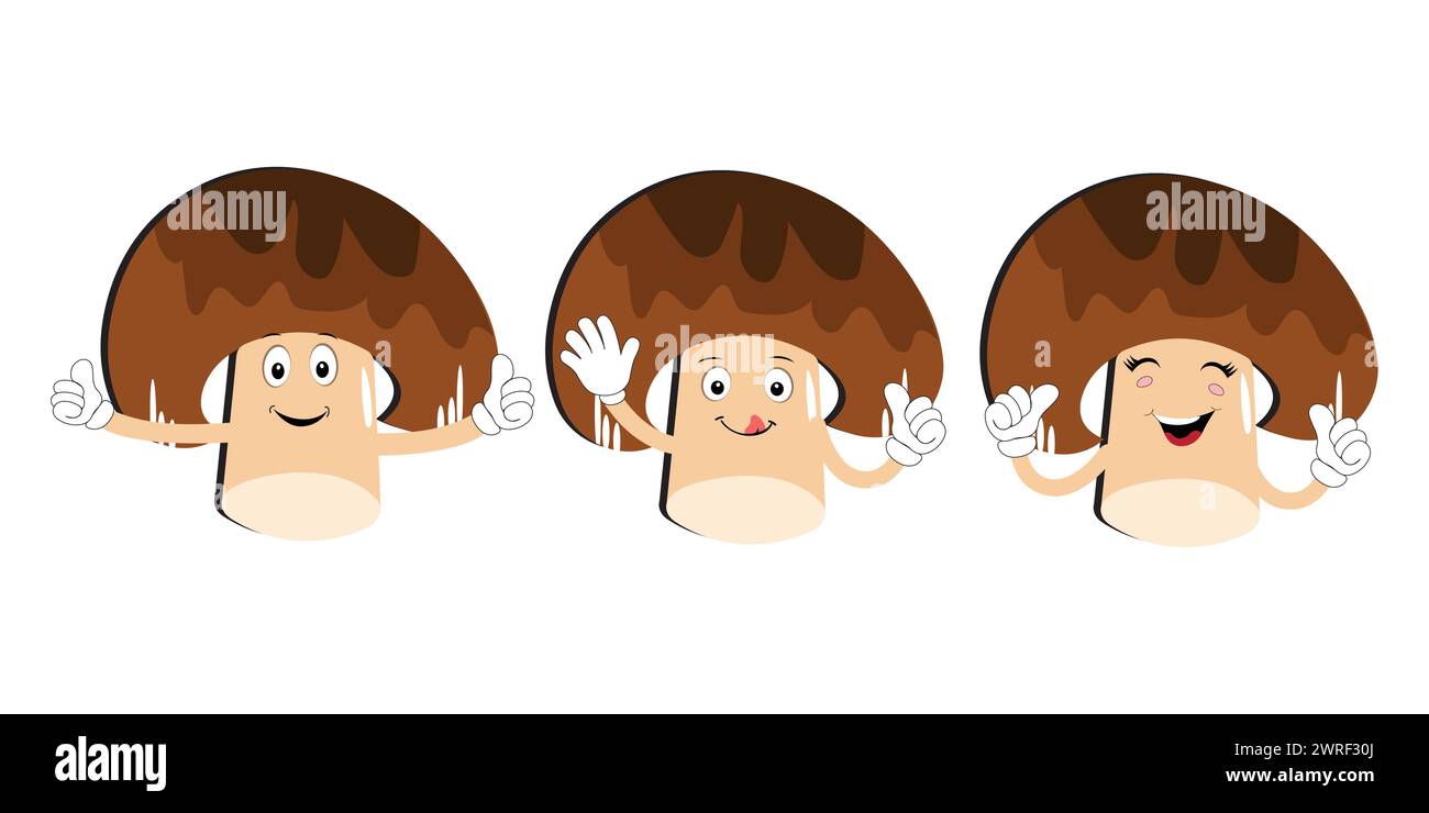 Mushroom cartoon character in various gestures, Set illustration ...