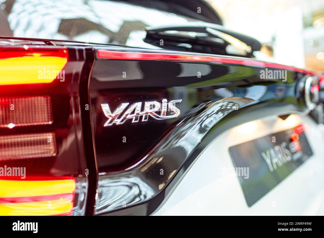 LONDON- FEBRUARY 13, 2024: New Toyota Yaris Cross GR Sport car on showroom display. Toyotas new ...