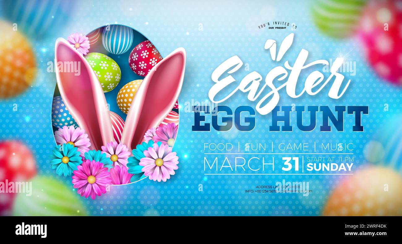Easter Egg Hunt Illustration with painted eggs and flowers on nature ...