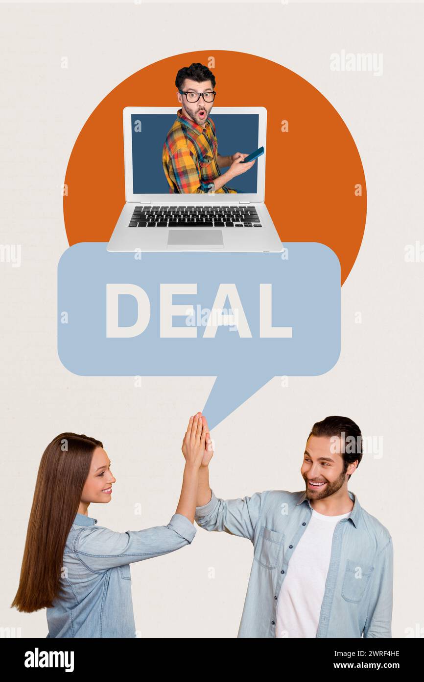 Composite collage of man woman give high five success converstion mind ...