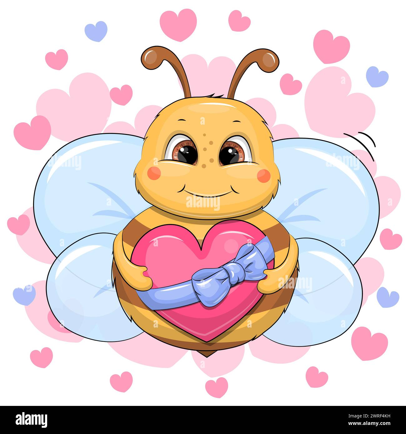 Cute cartoon bee holds a heart with blue ribbon. Vector illustration of ...