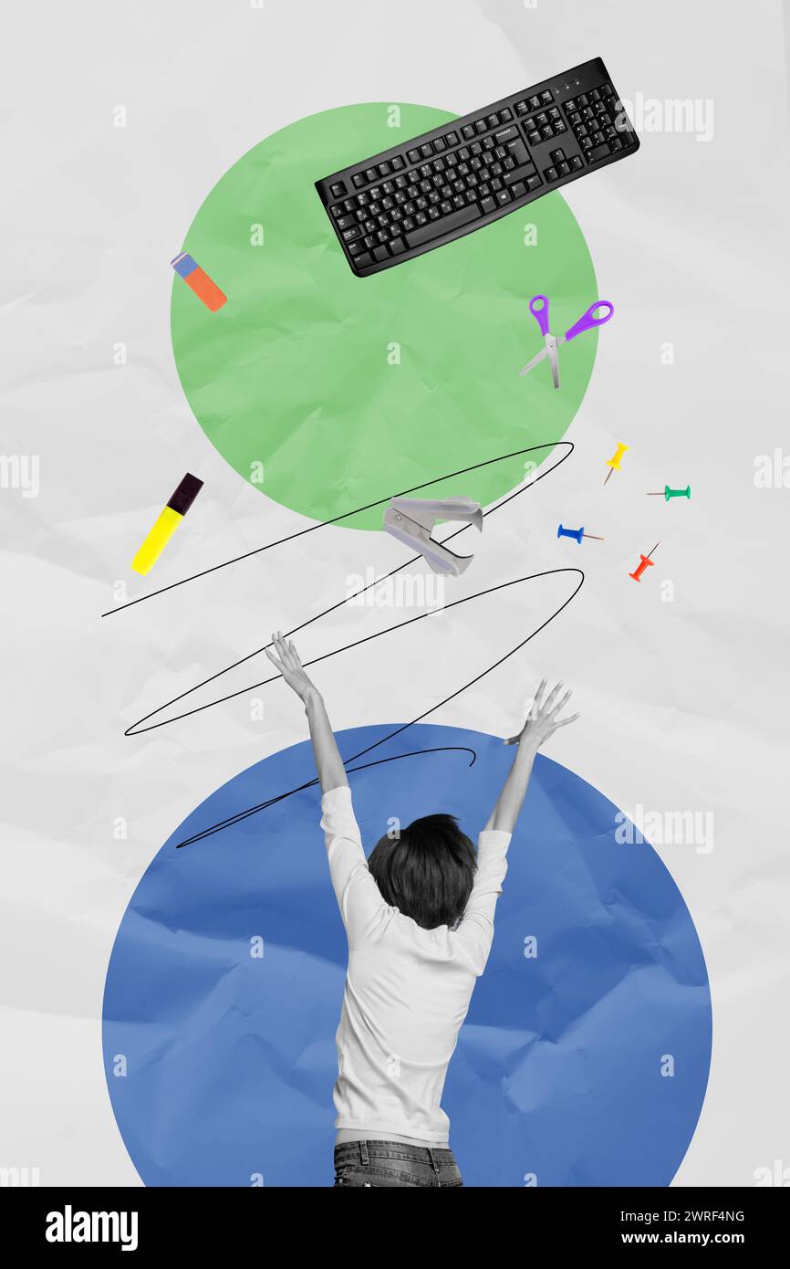 Trend artwork 3D collage composite image of young lady jump hands up in ...