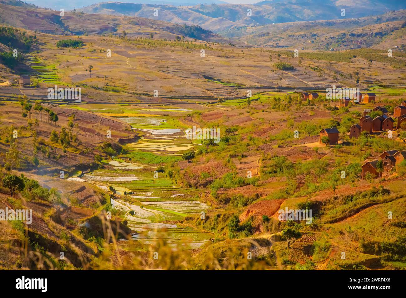 Madagascar roads. path from Fianarantsoa through small villages, houses ...