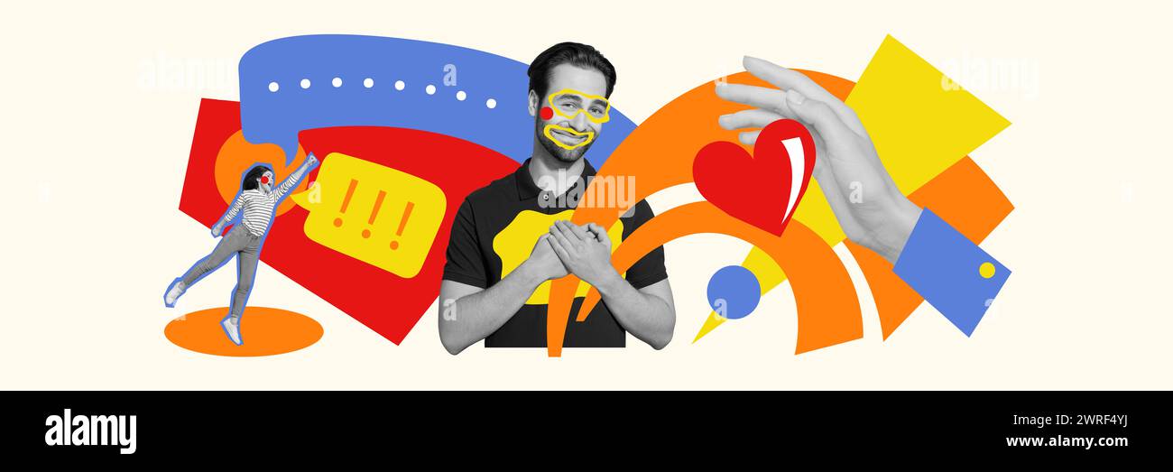 Panoramic creative collage young man woman textbox communication ...