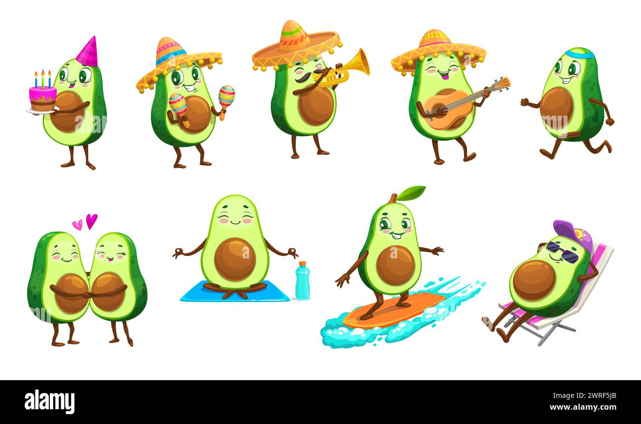 Cartoon mexican cheerful avocado characters. Cute green fruits vector ...