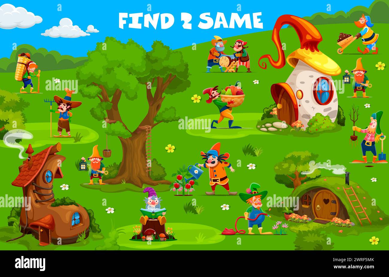 Find two same cartoon garden gnome or dwarf character kids game ...