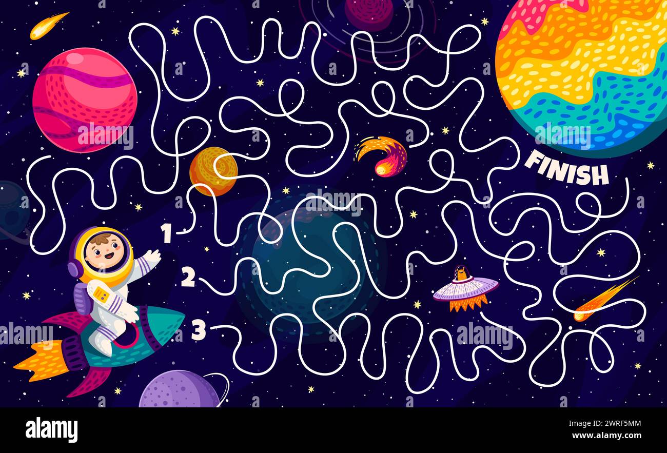 Kids galaxy space labyrinth maze game. Kid astronaut finding a planet ...