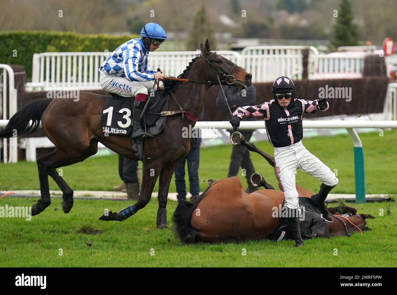 Trelawne and jockey Harry Cobden fall during the Ultima Handicap Chase ...