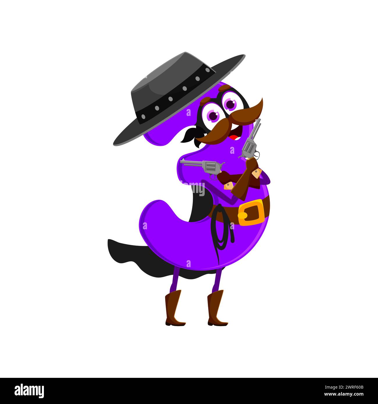 Cartoon cowboy and robber math number three character brandishes guns ...