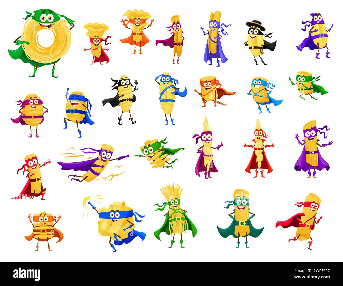 Cartoon italian pasta food superhero characters in super hero costumes ...