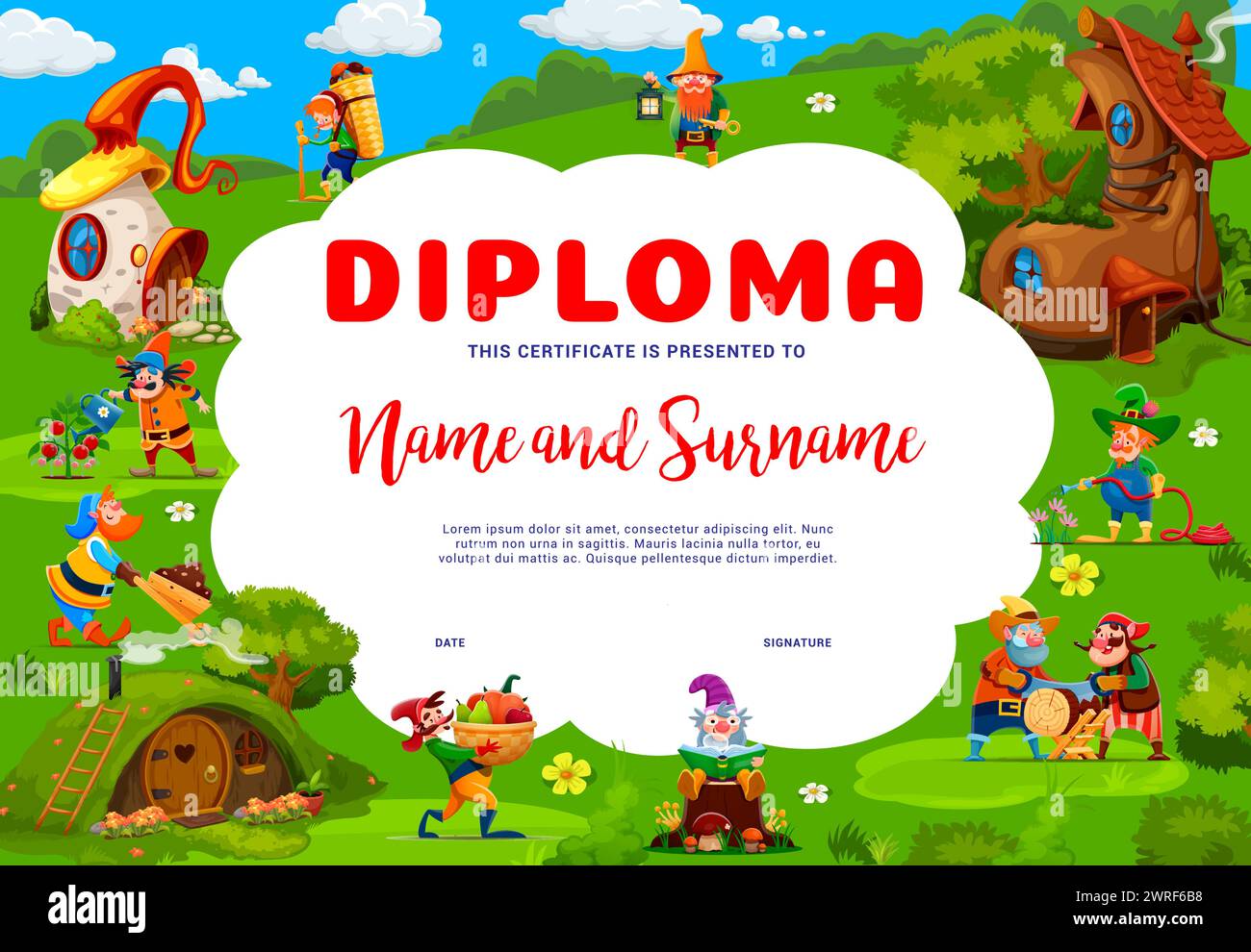 Kids diploma, cartoon garden gnome and dwarf characters in fairytale ...