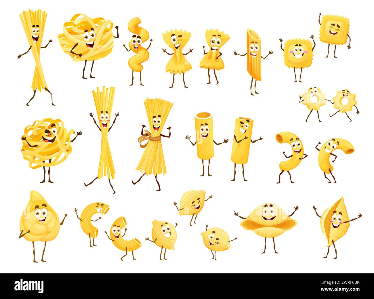 Cartoon pasta characters, Italian cuisine macaroni with funny cute ...