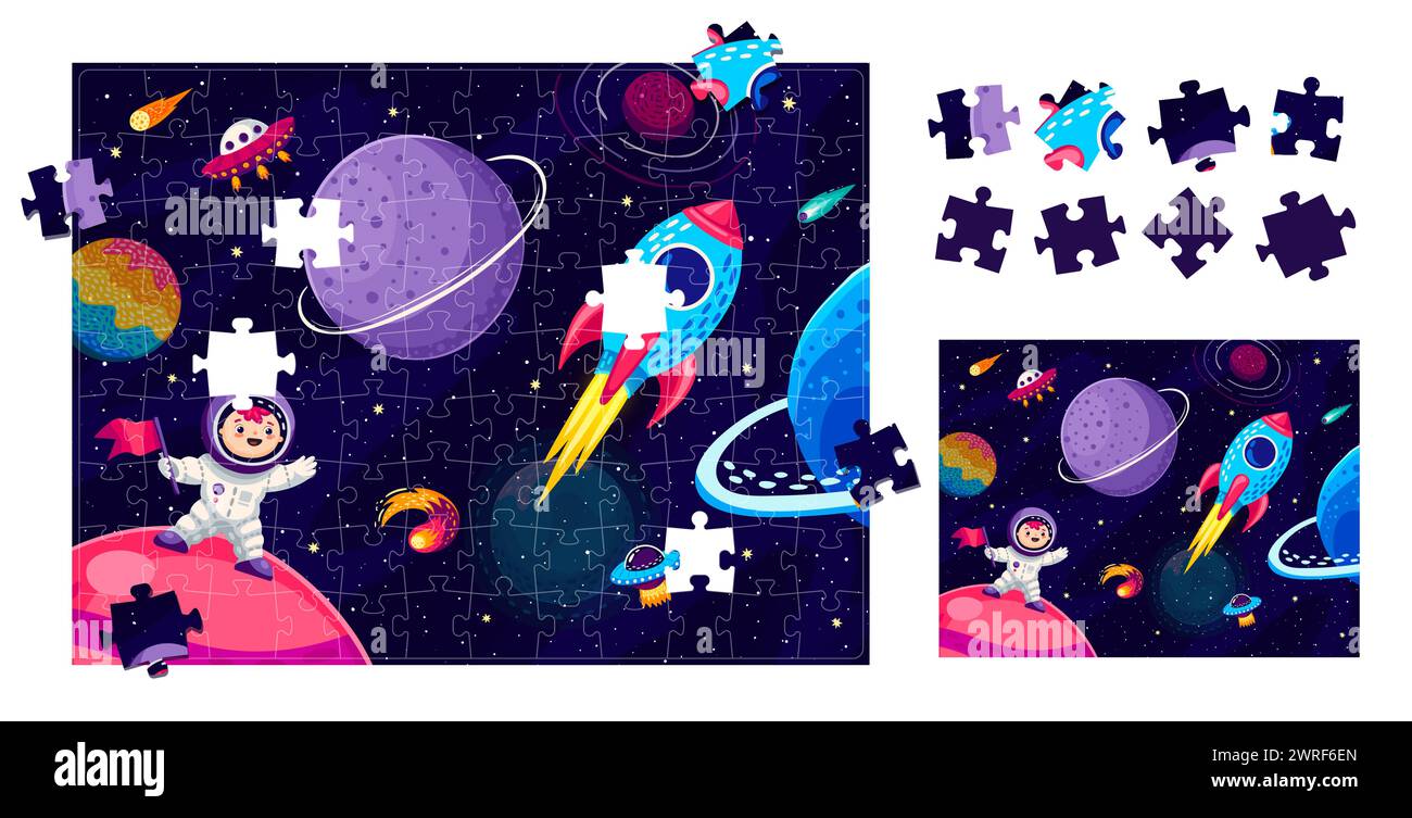 Jigsaw puzzle game pieces. Cartoon galaxy space landscape, rocket and ...