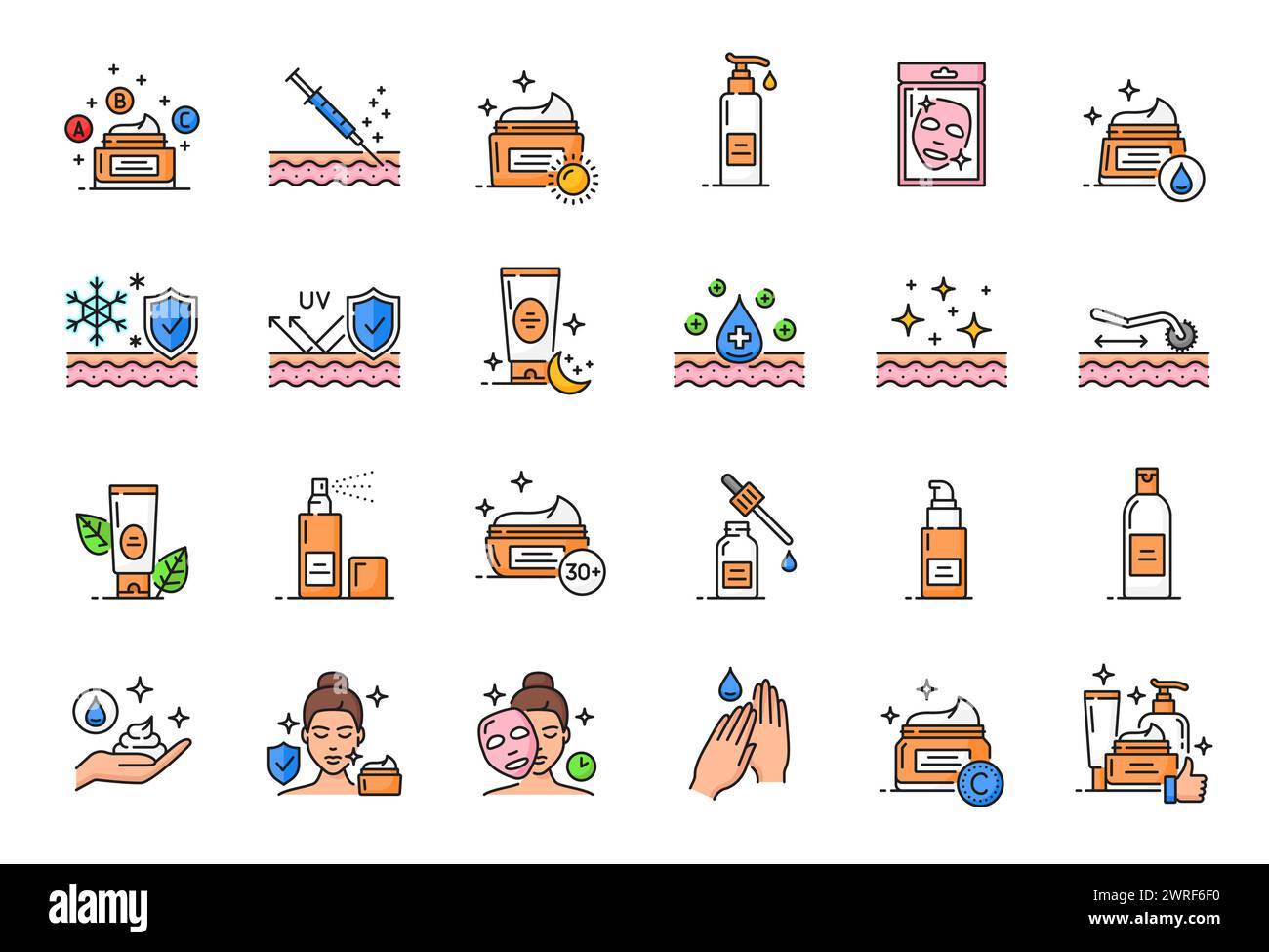 Face and hands skin care, dermatology line icons. Body hygiene ...