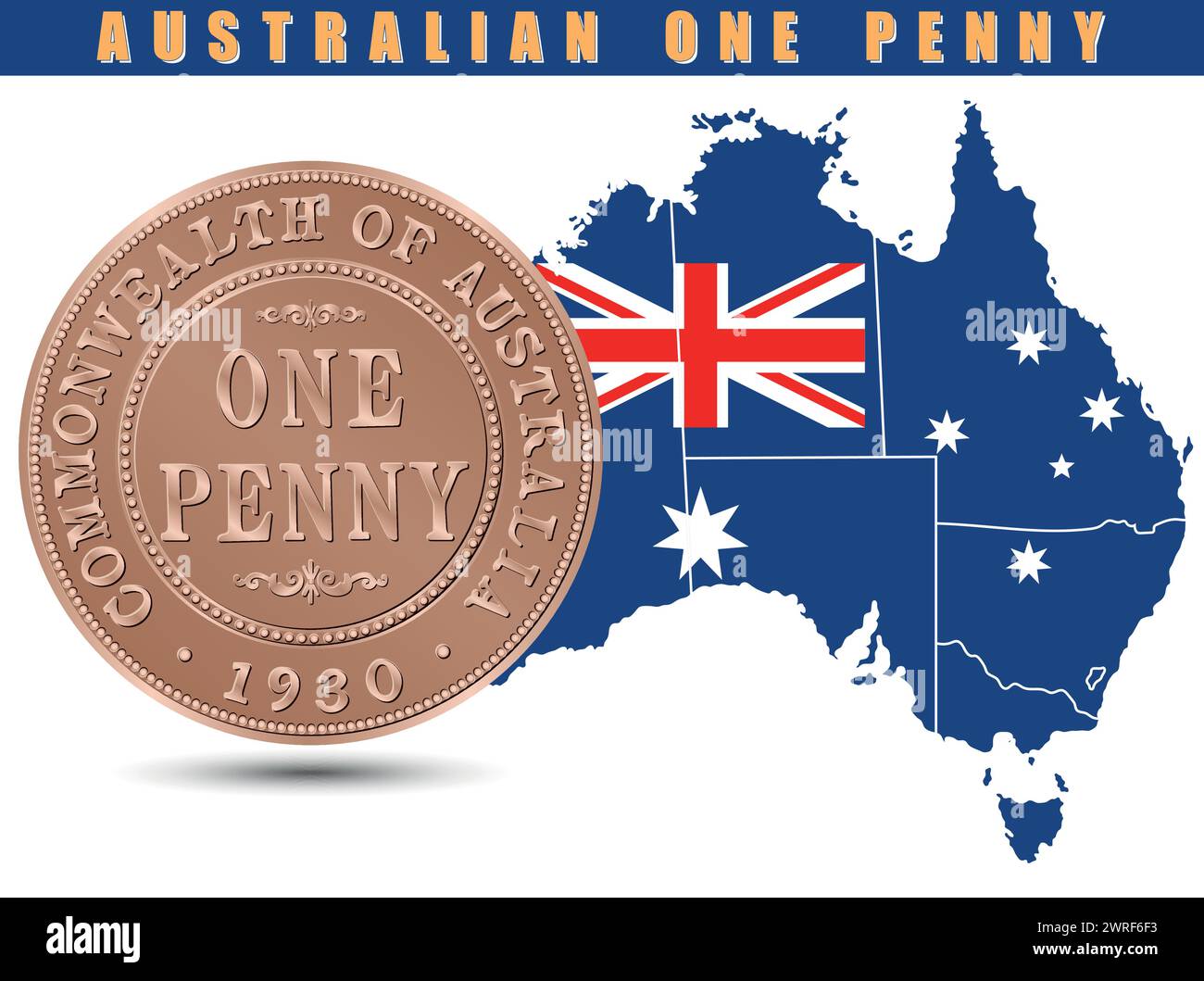 Australia One Penny Coin, Isolated of the Australia map. Vector ...