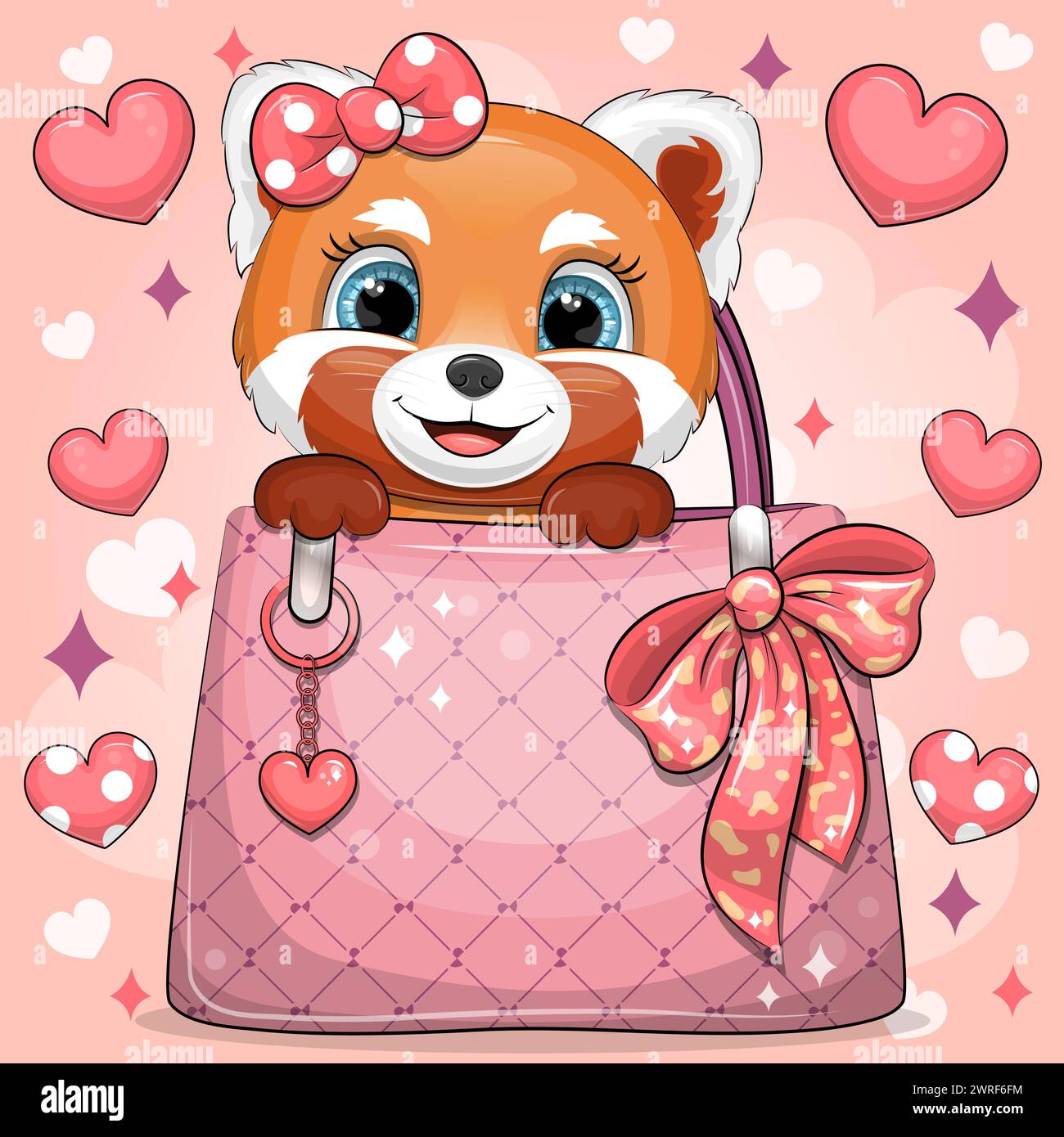 Cute cartoon red panda wears a hair bow and sits in a woman's handbag ...