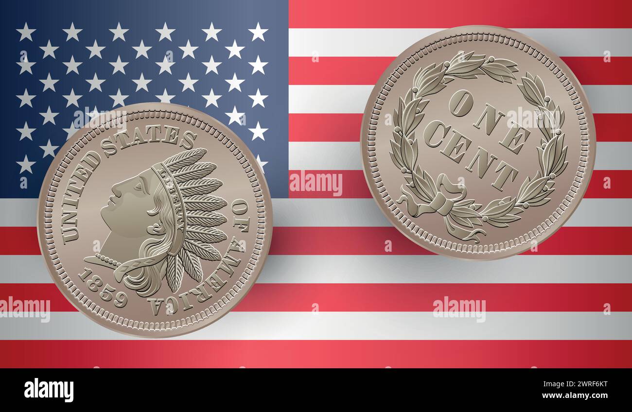 Vector American money, one cent coin, 1859. Isolated on with the USA ...