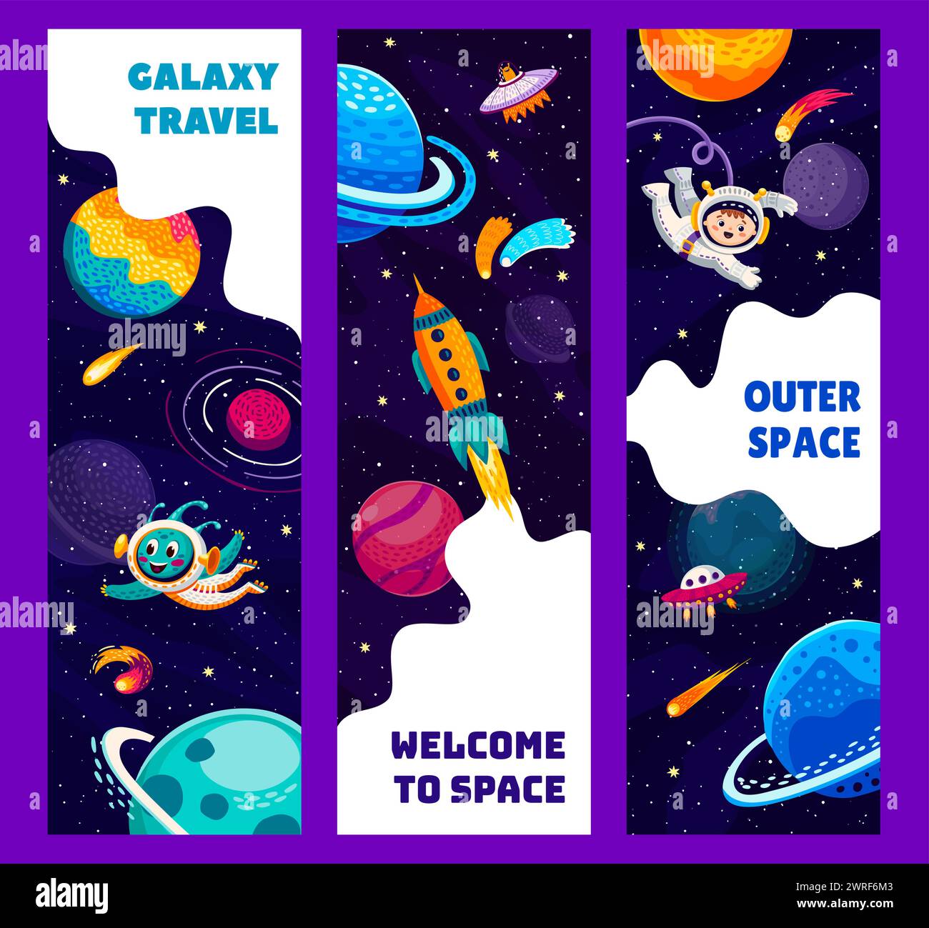 Galaxy space banners with kid astronaut, space planets, stars and alien ...