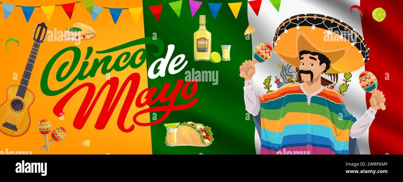 Mexican Cinco de Mayo holiday banner with musician character, Mexico ...