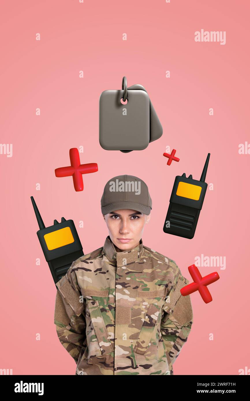 Vertical photo collage image young army soldier woman camoflauge radio ...