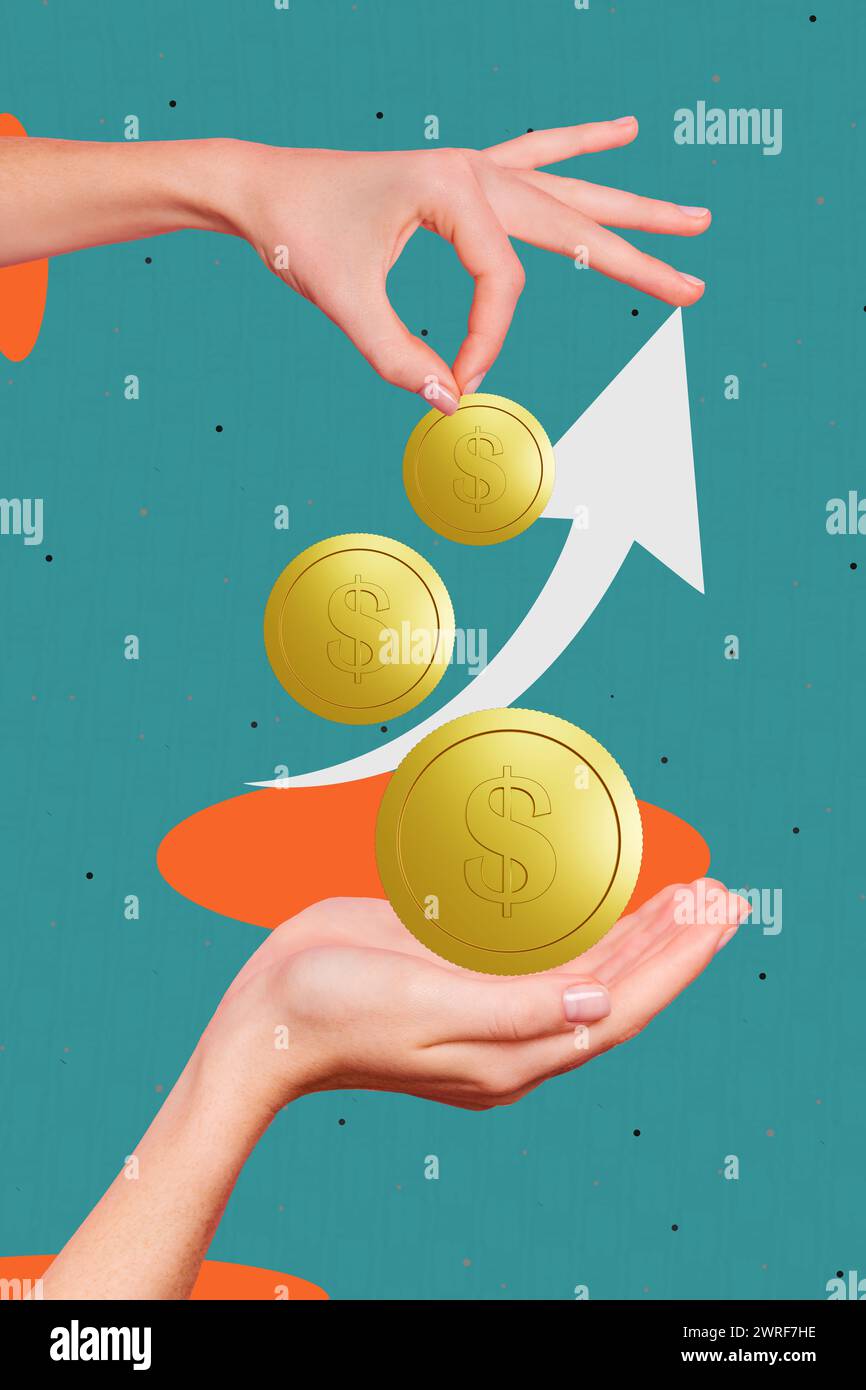 Vertical collage picture human hands hold golden tokens coins ...
