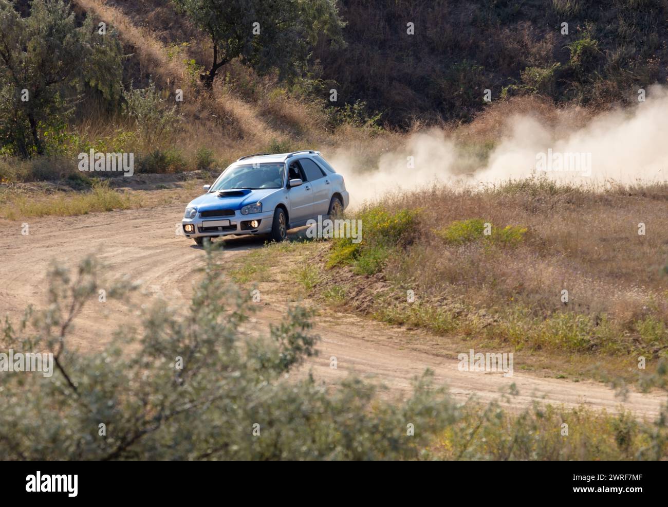 Sunny summer day. Dusty rally track. A rally car makes a lot of dust in ...