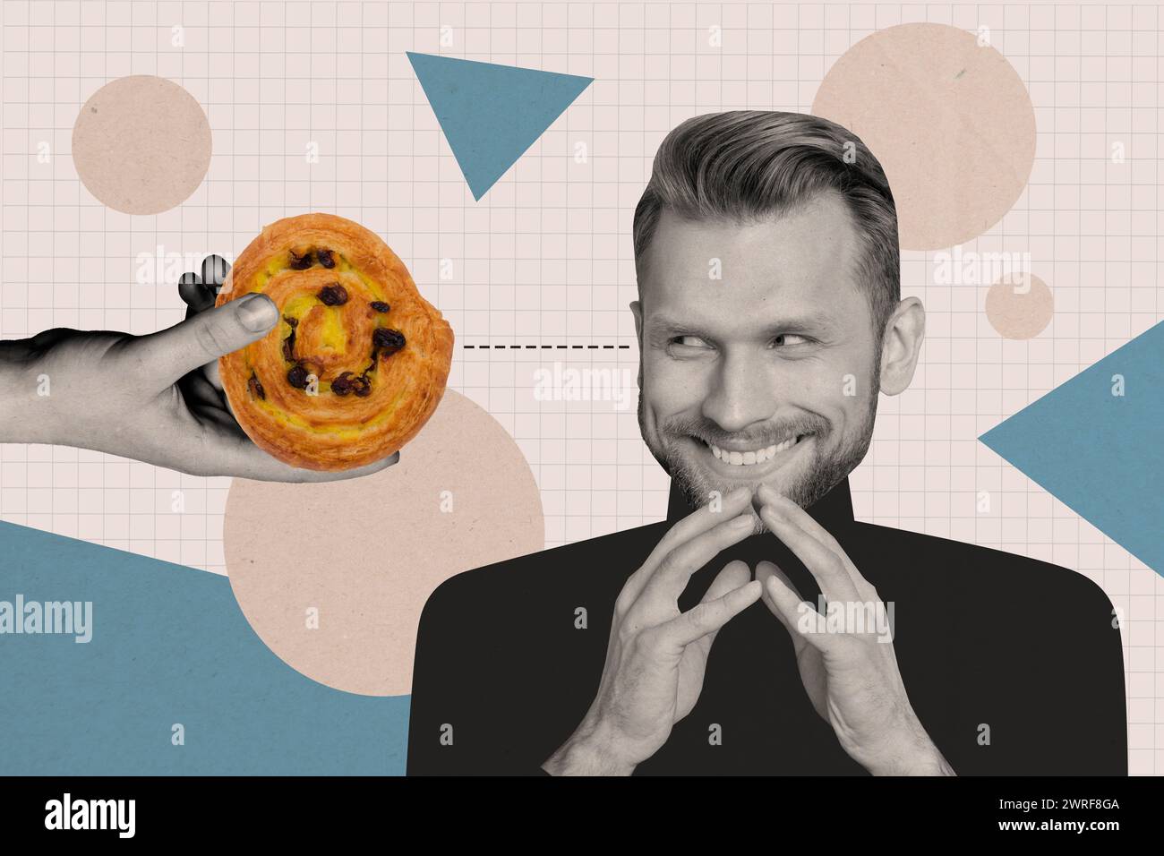 Creative collage picture young man desire tempting bun bakery sugary ...