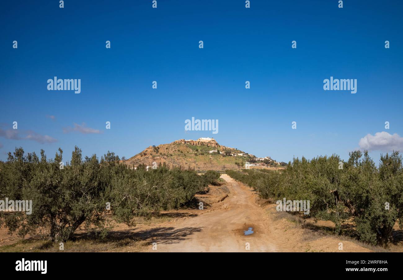 A Tunisian railway crossing with the ancient hilltop Berber village of ...