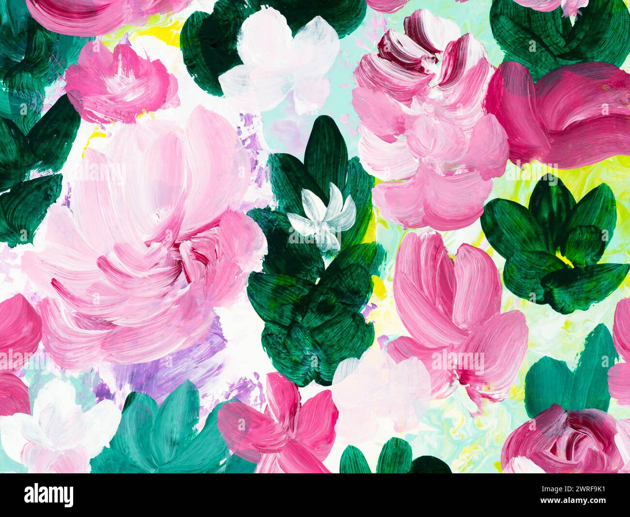 Abstract pink flowers, original hand drawn, impressionism style, color ...