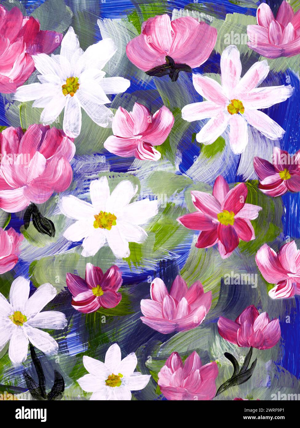 Abstract daisy flowers, original hand drawn, impressionism style, color ...