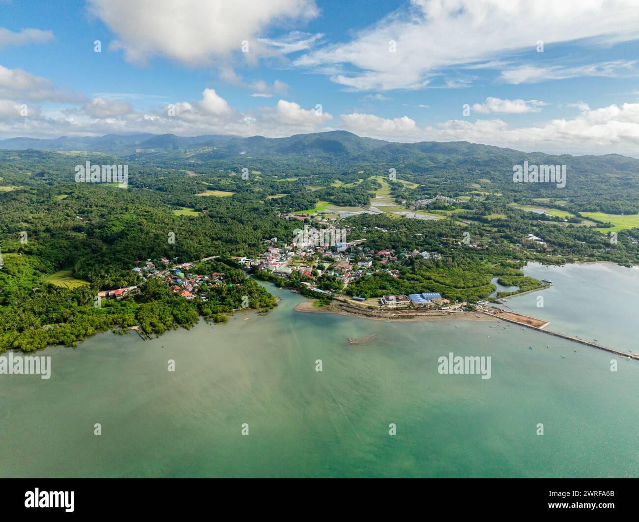 Drone view of Looc Poblacion with residential area at coast and pier ...