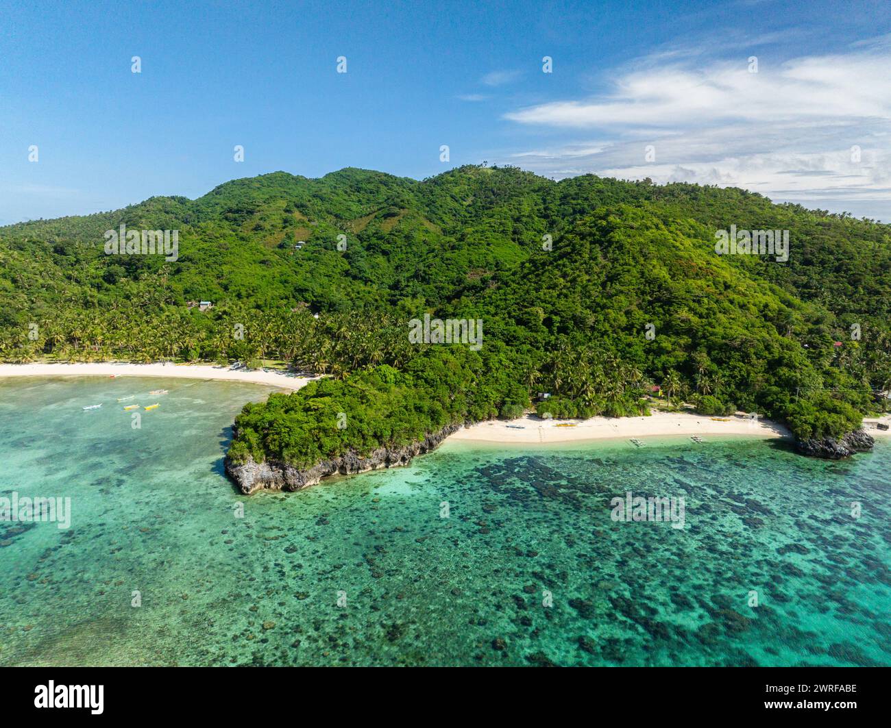 Cobrador Island with green trees and white sand beach. Romblon ...
