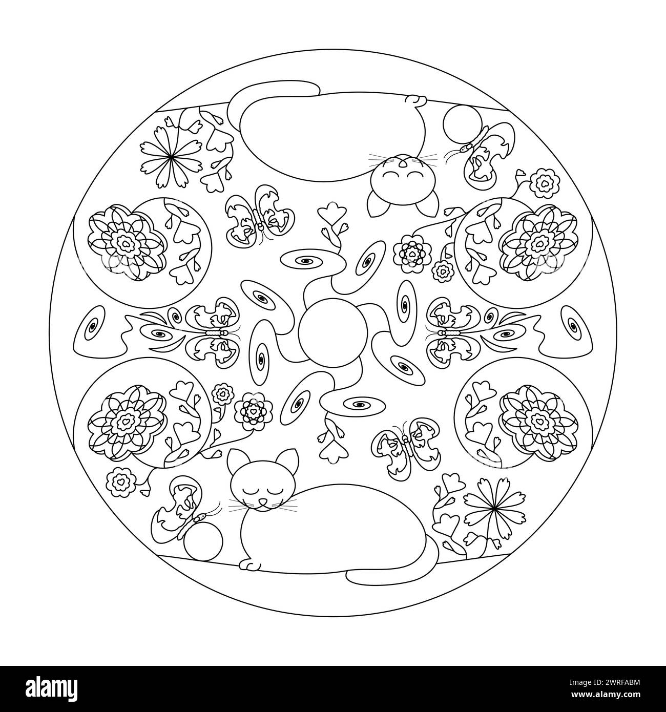 Mandala. Relaxed Cat with eyes closed. Butterflies and Flowers ...